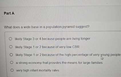 Solved Part AWhat does a wide base in a population pyramid | Chegg.com