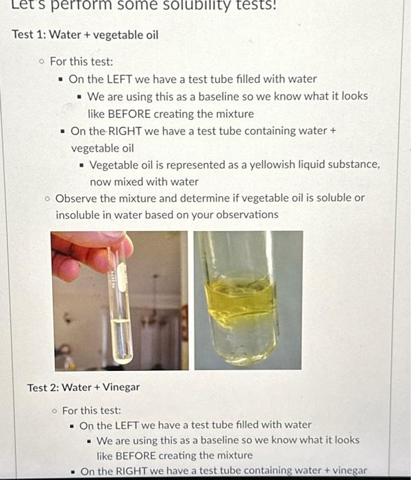 Solved Test 1: Water + vegetable oil - For this test: - On | Chegg.com