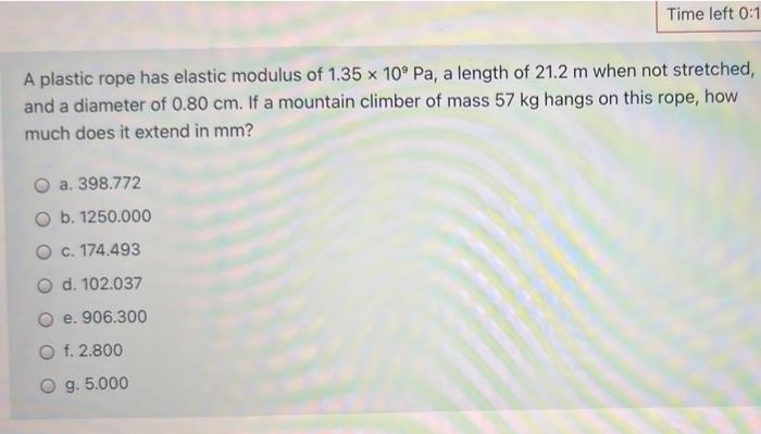 Solved Time left 0:1 A plastic rope has elastic modulus of | Chegg.com