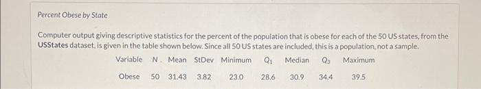 Solved Percent Obese by State Computer output giving | Chegg.com