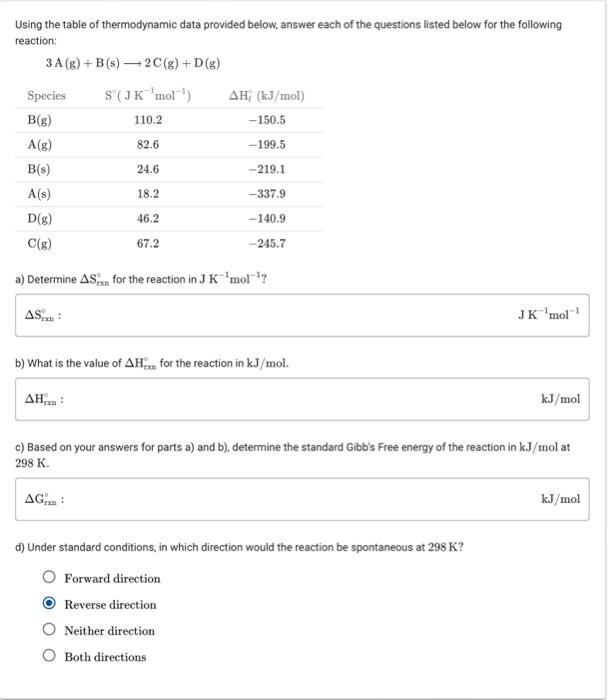 a) Using the table of thermodynamic values provided | Chegg.com