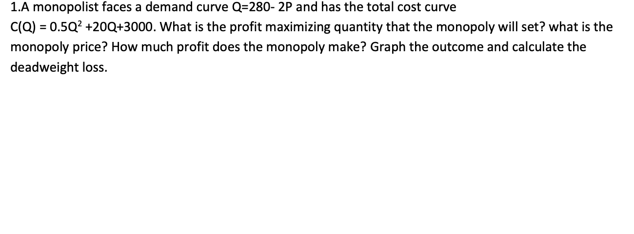 Solved 1.A monopolist faces a demand curve Q=280-2P ﻿and has | Chegg.com