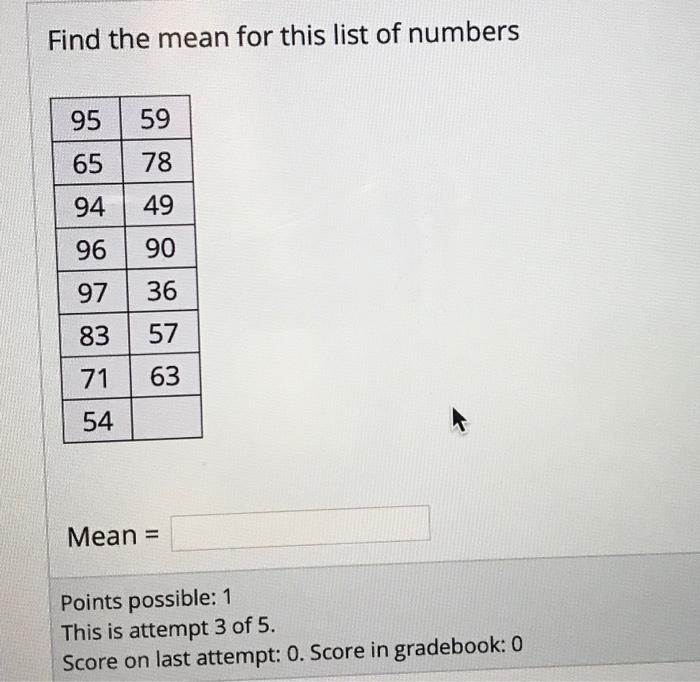 Solved Find the mean for this list of numbers 95 59 65 78 94 | Chegg.com