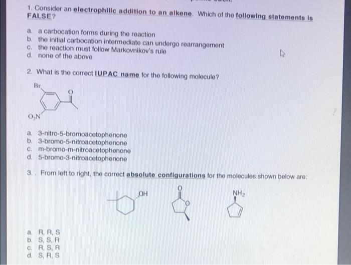 Solved 1. Consider an electrophilic addition to an alkene. | Chegg.com