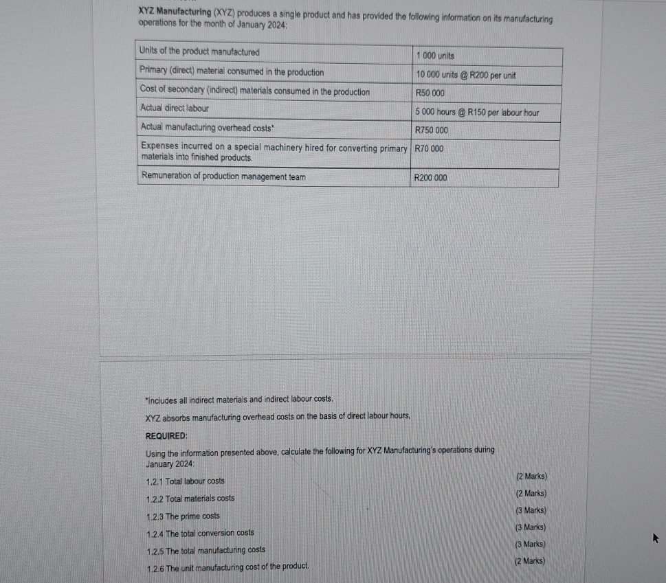 Solved XYZ Manufacturing (XYZ) ﻿produces a single product | Chegg.com