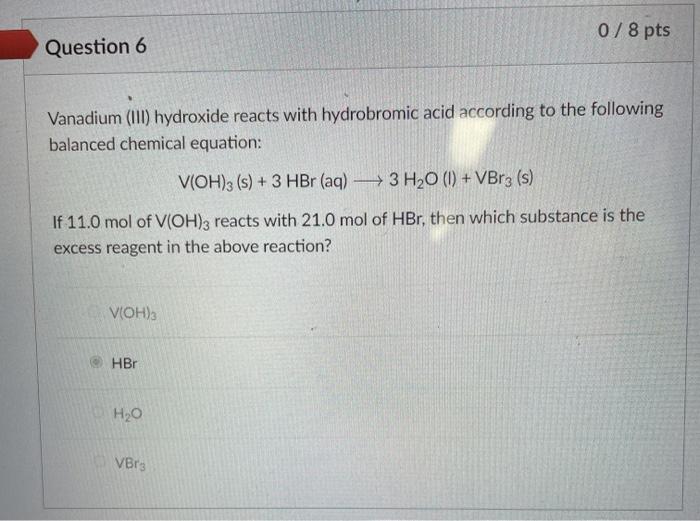 Solved 0/8 pts Question 6 Vanadium (III) hydroxide reacts | Chegg.com