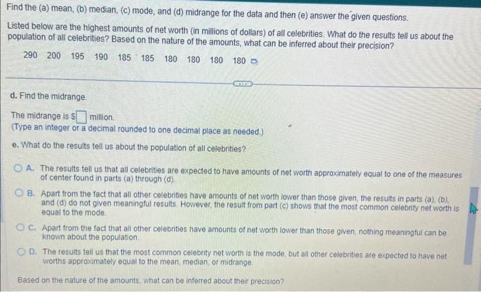 Solved Find the (a) mean, (b) median, (c) mode, and (d) | Chegg.com