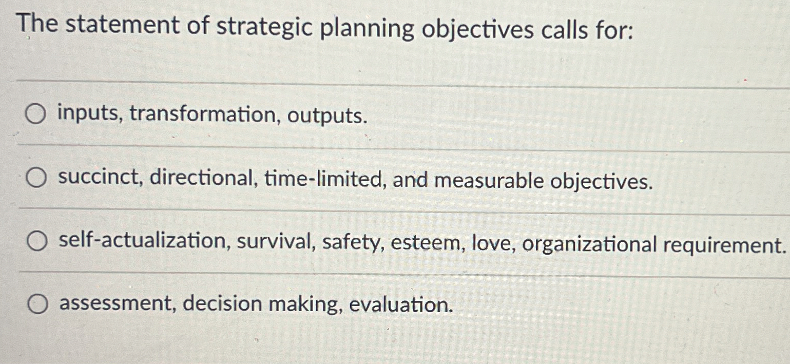 Solved The statement of strategic planning objectives calls | Chegg.com