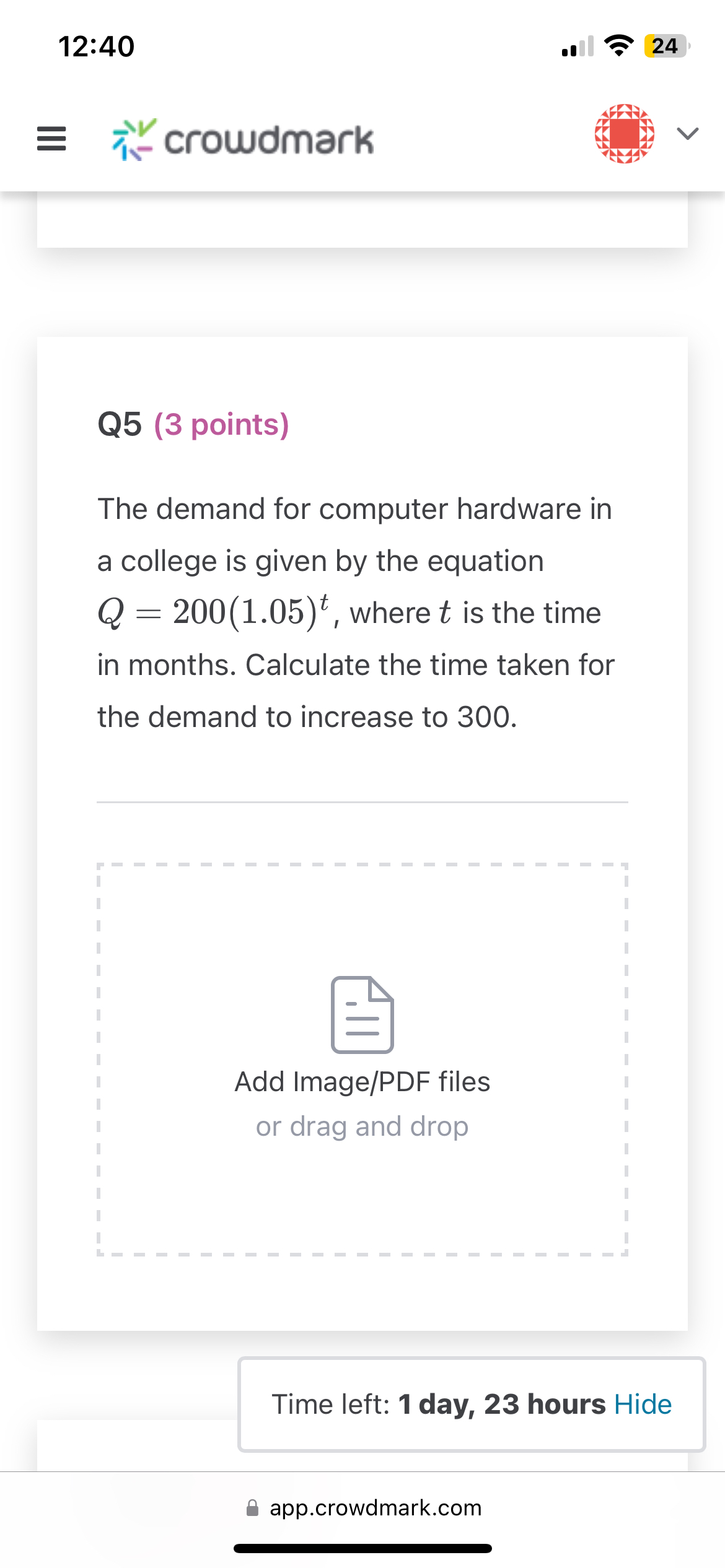 Solved 12:4024戈 ﻿crowdmark4Q5 (3 ﻿points)The demand for | Chegg.com
