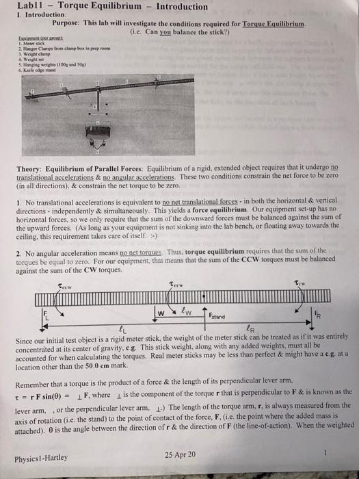 need help filling out part one of a physics lab. It | Chegg.com