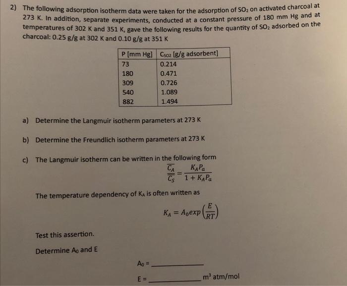 2) The following adsorption isotherm data were taken | Chegg.com