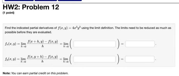 Solved HW2: Problem 12 (1 point) Find the indicated partial | Chegg.com