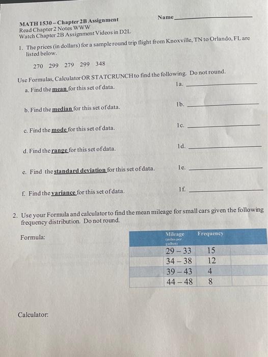 Solved Name MATH 1530 - Chapter 2B Assignment Read Chapter 2 | Chegg.com