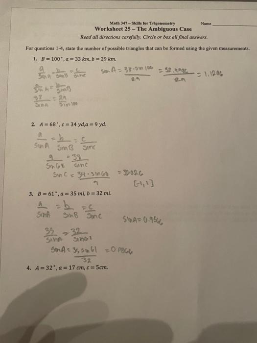Solved Name Math 347 - Skills for Trigonometry Worksheet 25 | Chegg.com