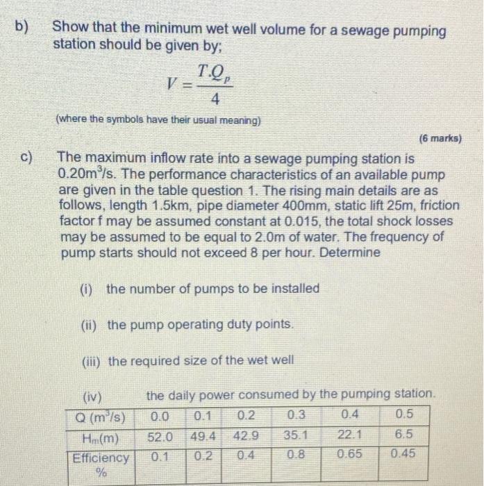 Solved b) Show that the minimum wet well volume for a sewage | Chegg.com