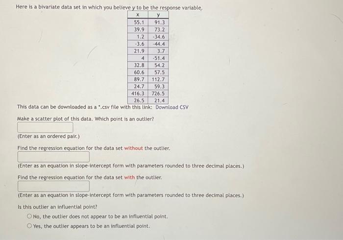 Solved Here is a bivariate data set in which you believe u | Chegg.com