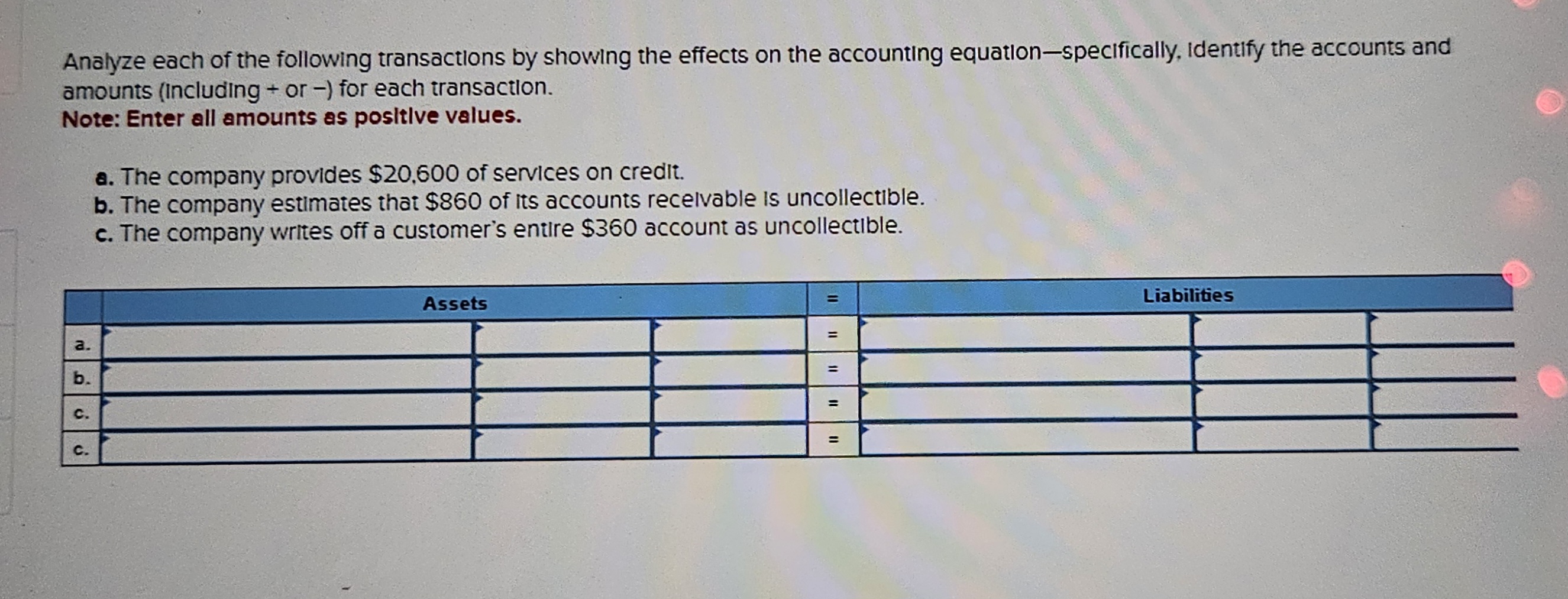 Solved Analyze each of the following transactions by showing | Chegg.com
