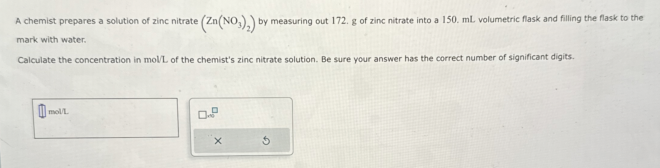 Solved A chemist prepares a solution of zinc nitrate | Chegg.com