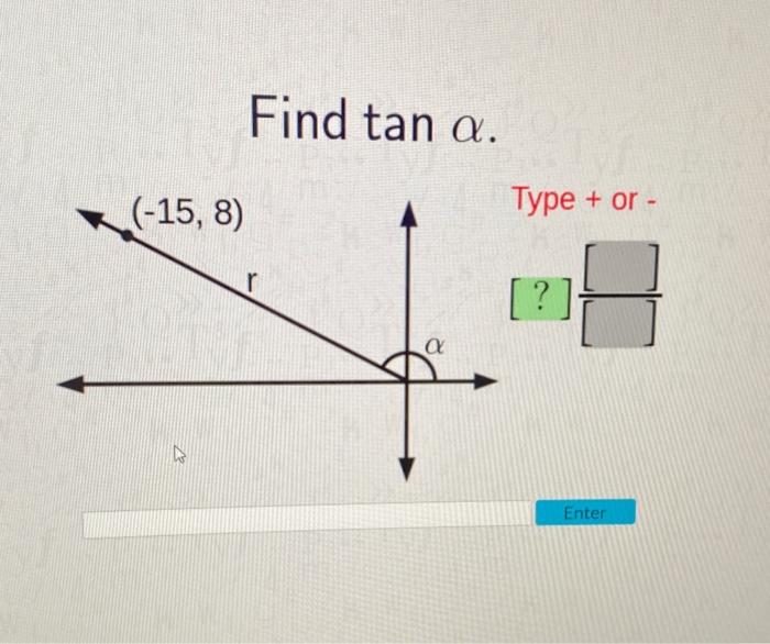 Solved Find tan a. (-15, 8) Type + or - [?] A a α Enter | Chegg.com