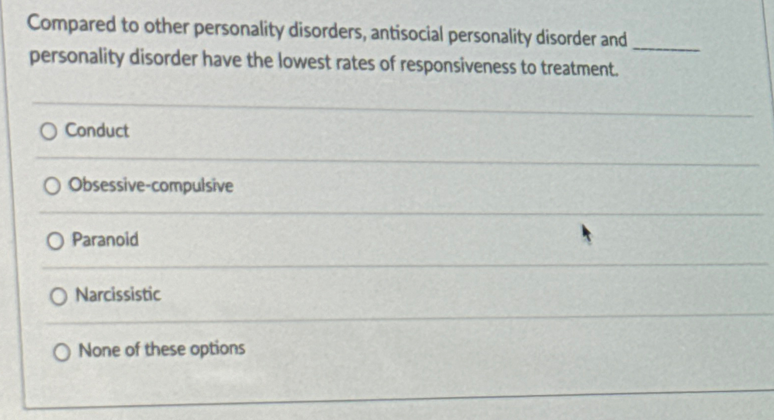Solved Compared to other personality disorders, antisocial | Chegg.com