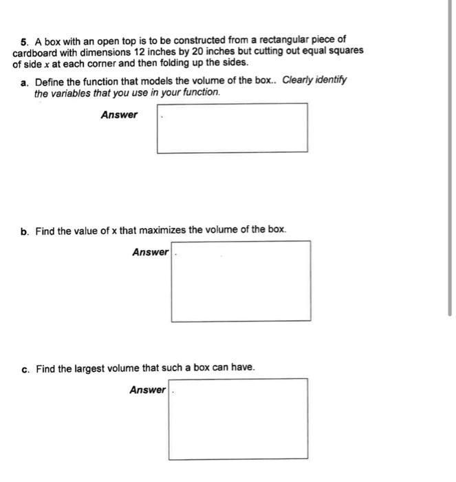 Solved 5. A box with an open top is to be constructed from a | Chegg.com