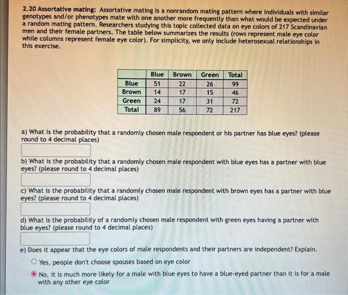 Solved 2.20 Assortative mating: Assortative mating is a | Chegg.com
