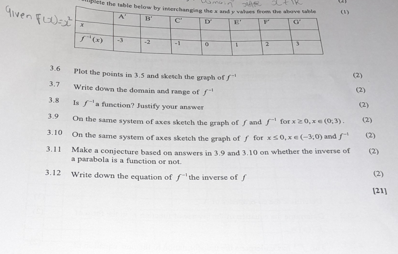Given F(x)=x2\table[[,A',B',C',D',E',F',G' | Chegg.com