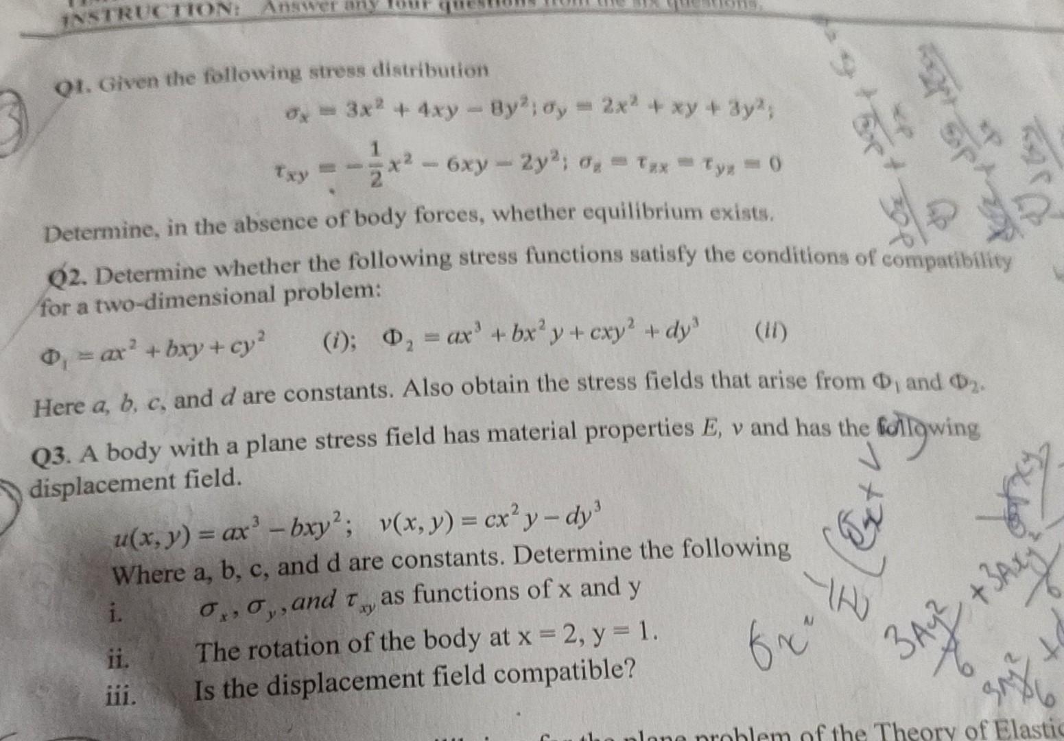 Solved Q1. Given the following stress distribution | Chegg.com