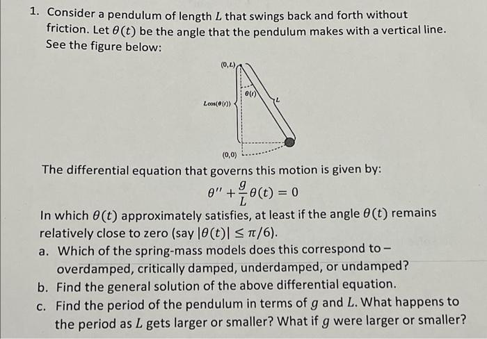 Solved 1. Consider a pendulum of length L that swings back | Chegg.com