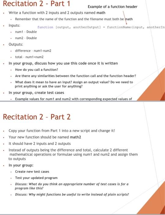 Solved Recitation 2 - Part 1 Example of a function header - | Chegg.com Solved Recitation 2 - Part 1 Example of a function header - | Chegg.com