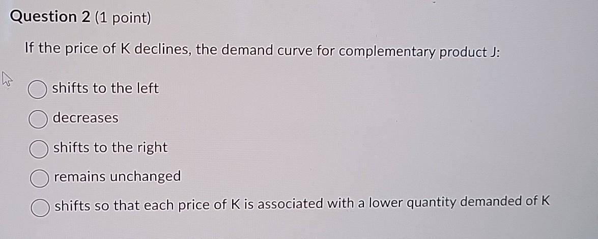 Solved Question 2 (1 ﻿point)If the price of K ﻿declines, the | Chegg.com