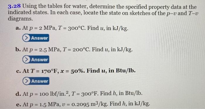 Solved 3.28 Using the tables for water, determine the | Chegg.com