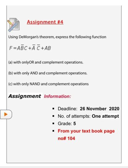 Solved Assignment #4 Using De Morgan's theorem, express the | Chegg.com