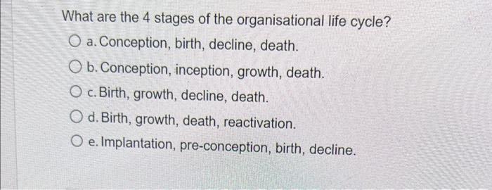 Solved What are the 4 stages of the organisational life | Chegg.com