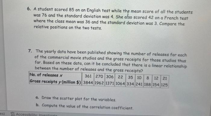 Solved 6. A student scored 85 on an English test while the | Chegg.com