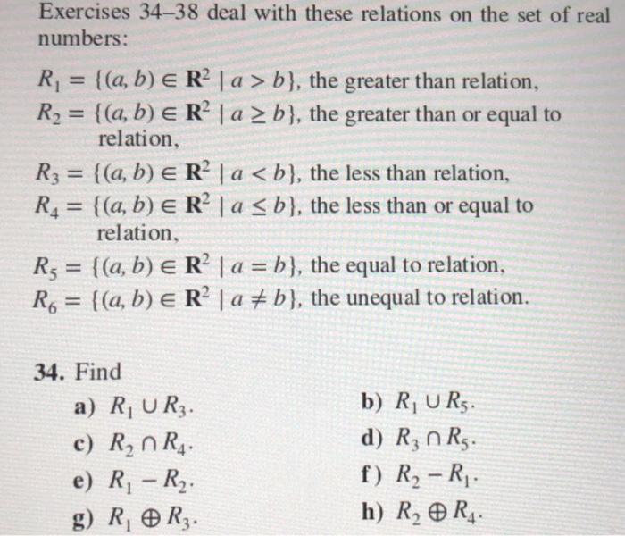 Solved Exercises 34-38 deal with these relations on the set | Chegg.com