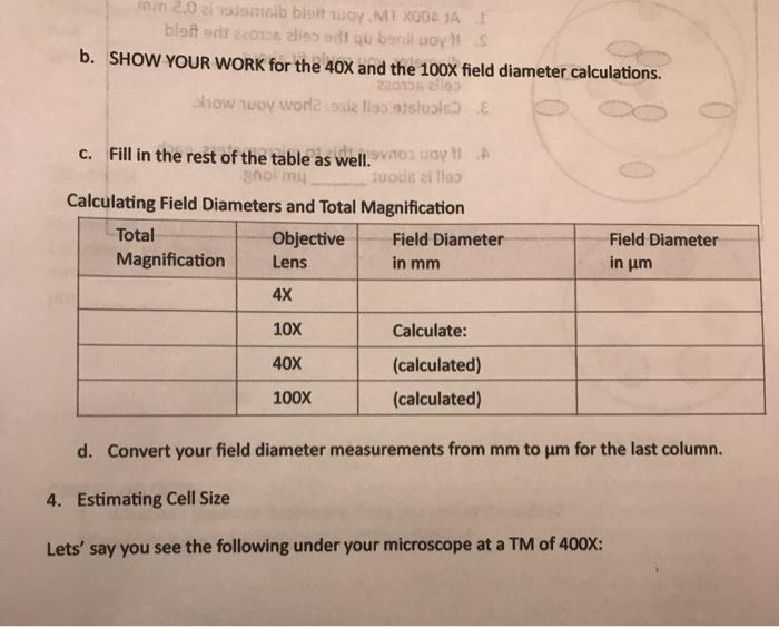 Solved MEASURING FIELD DIAMETER AND ESTIMATING CELL SIZE 1. | Chegg.com