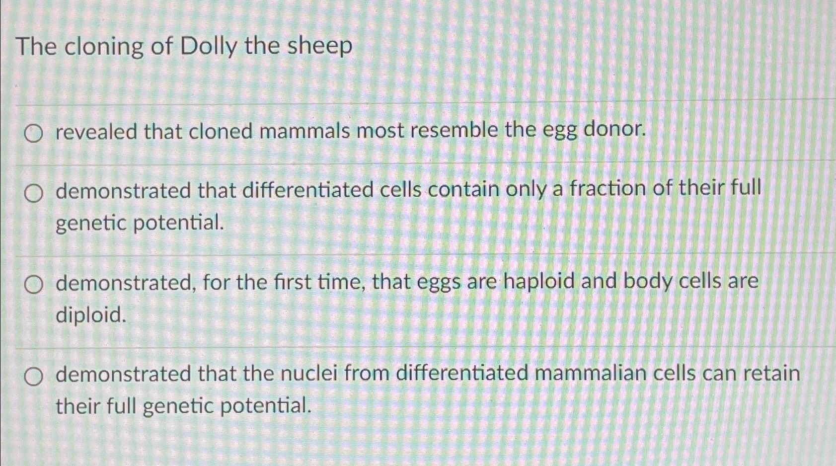 Solved The cloning of Dolly the sheeprevealed that cloned | Chegg.com