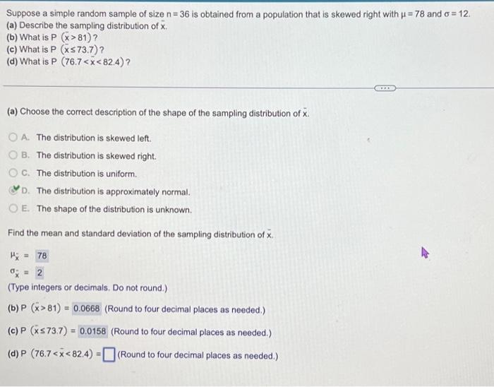 Solved Suppose a simple random sample of size n = 36 is | Chegg.com