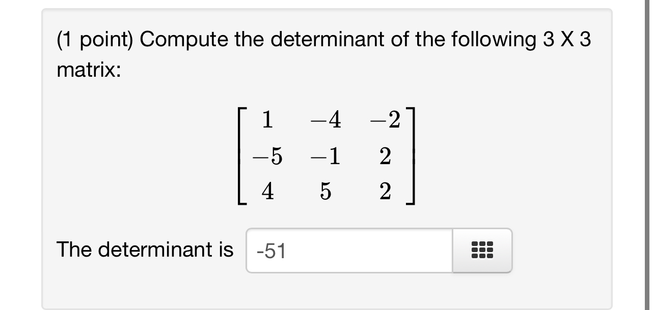 Solved ( 1 ﻿point) ﻿Compute the determinant of the following | Chegg.com