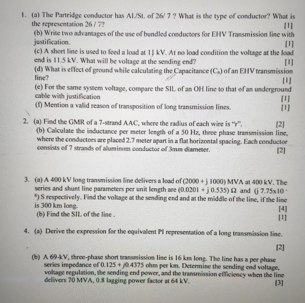1. (a) The Partridge conductor has Al./St. of 26/7 ? | Chegg.com