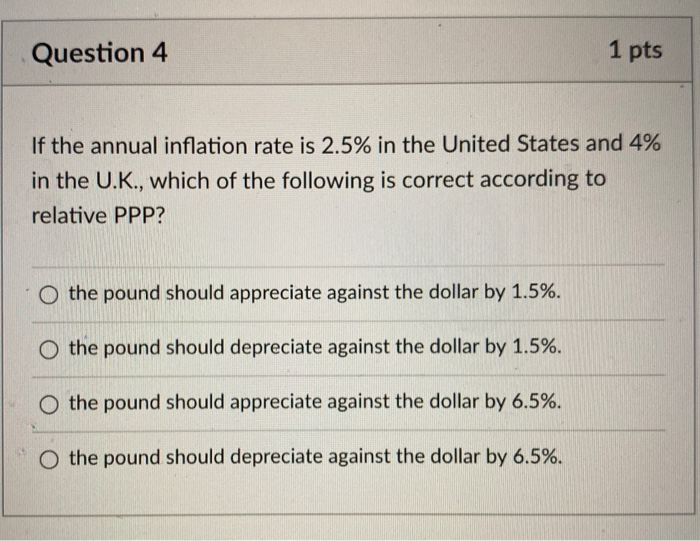 Solved Question 4 1 pts If the annual inflation rate is 2.5% | Chegg.com