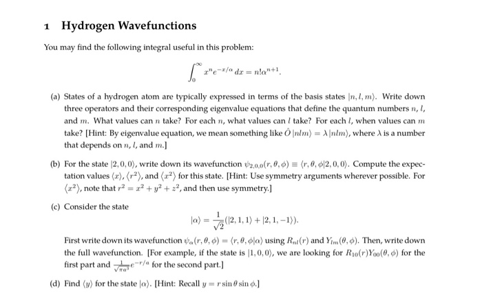 Solved 1 Hydrogen Wavefunctions You may find the following | Chegg.com