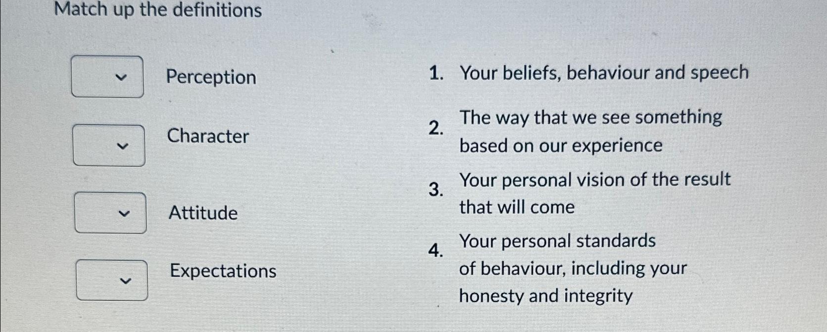 Solved Match up the definitionsPerceptionYour beliefs, | Chegg.com