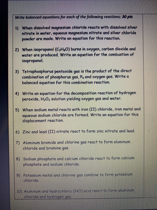 Solved Write balanced equations for each of the following | Chegg.com