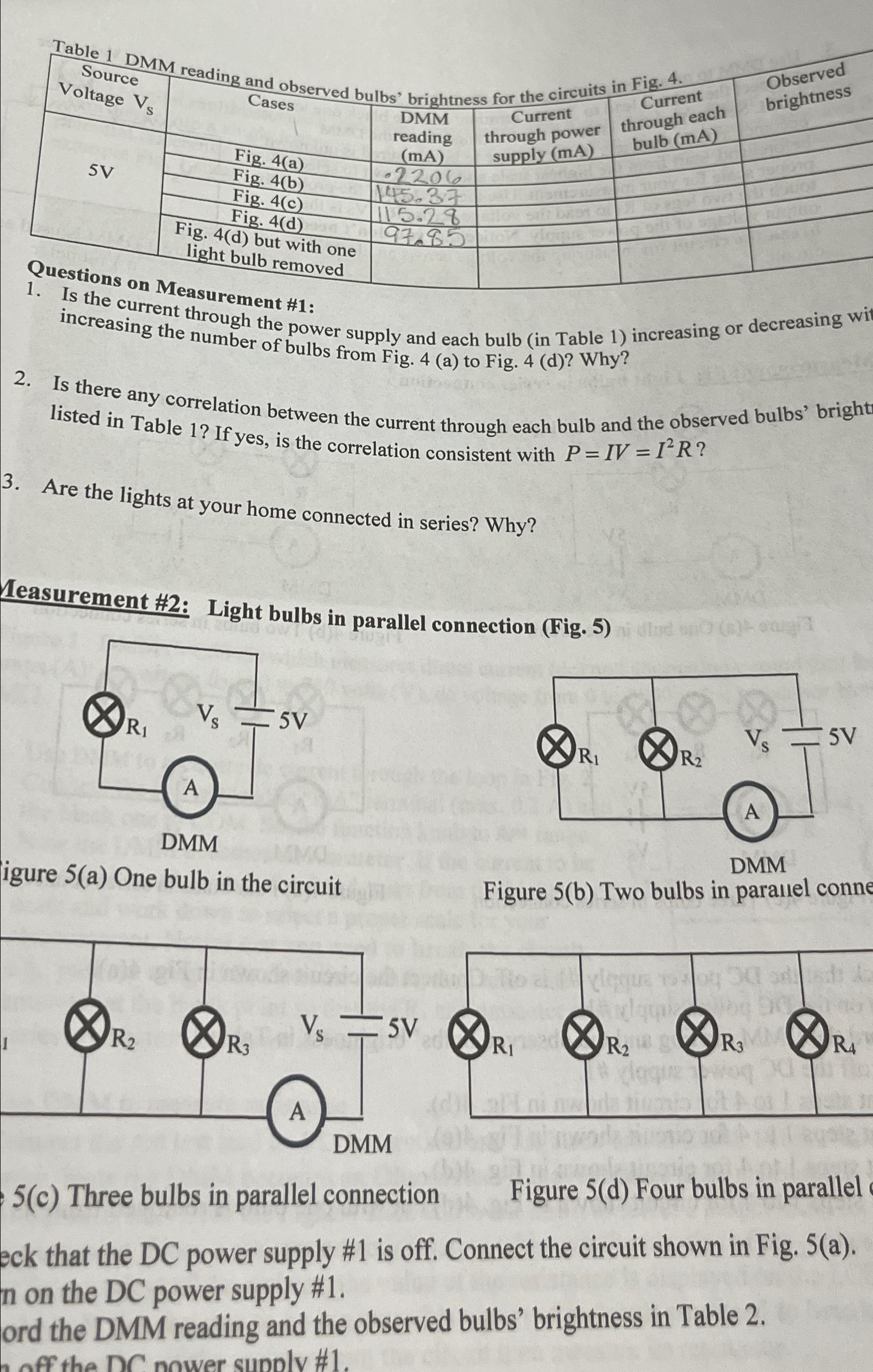 Table 1 ﻿DMM reading and observed bulbs' brightness | Chegg.com