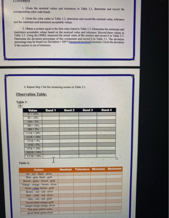Solved 1. Given the nominal values and tolerances in Table | Chegg.com