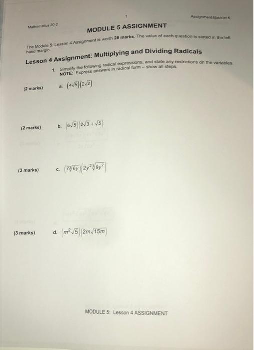 Solved Mathematics 20-2 Assignment Booklet 5 MODULE 5 | Chegg.com Solved Mathematics 20-2 Assignment Booklet 5 MODULE 5 | Chegg.com