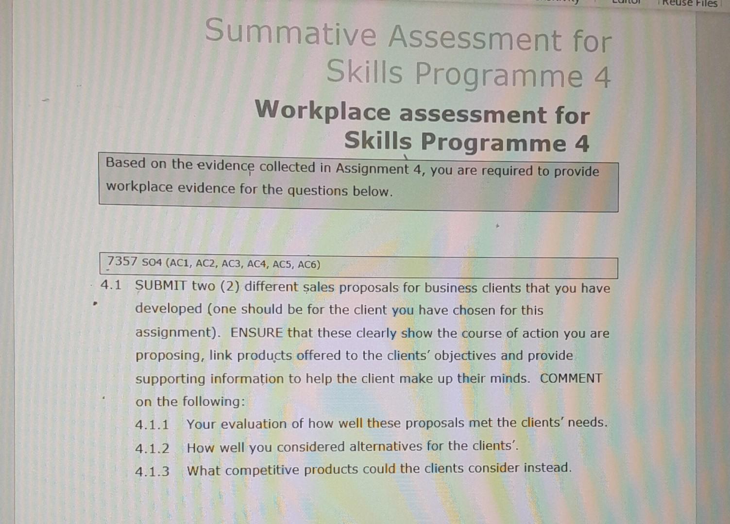 Solved Summative Assessment for Skills Programme 4 Workplace | Chegg.com