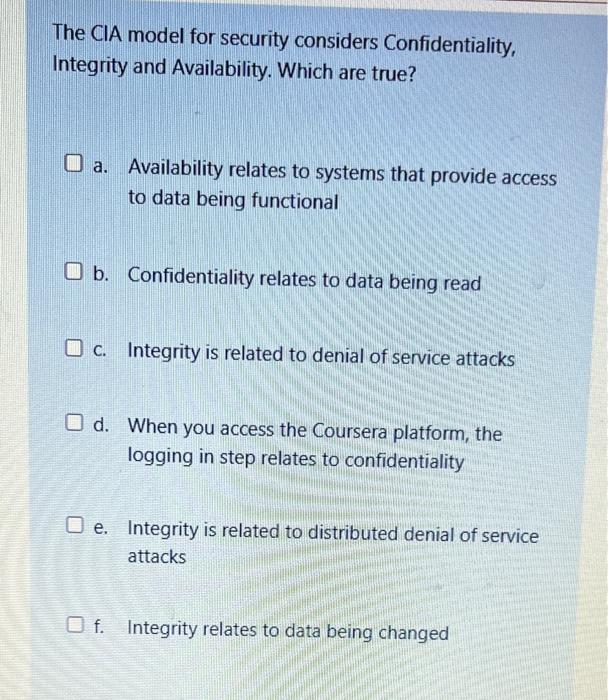 Solved The CIA model for security considers Confidentiality, | Chegg.com